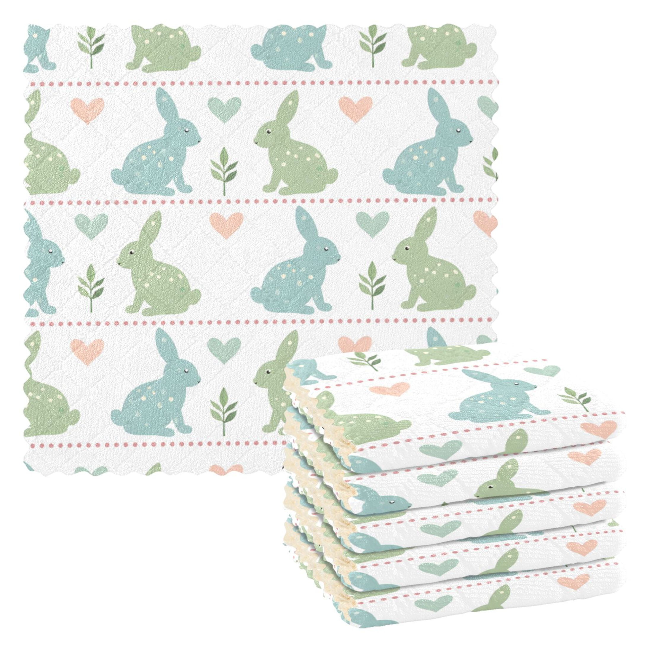 Green Rabbit Heart Pattern Dish Towels 6 Pack Kitchen Cleaning Dish ...