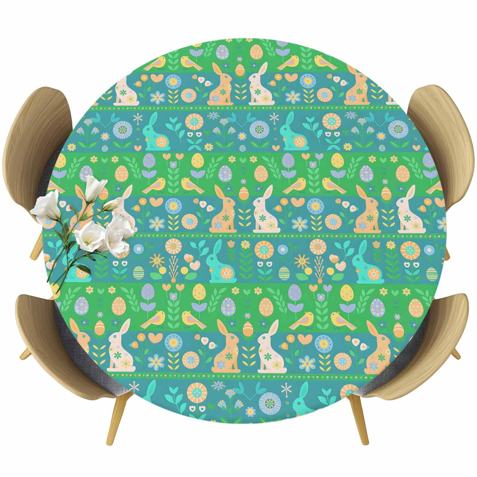 Green Rabbit Round Tablecloth, Fitted Table Cover with Elastic for 45 ...