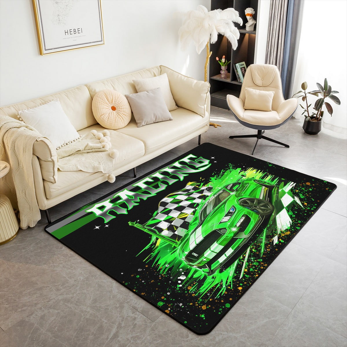 Green Race Car Boys Area Rug 5x7, Racing Car Kid Rectangular Carpet For ...