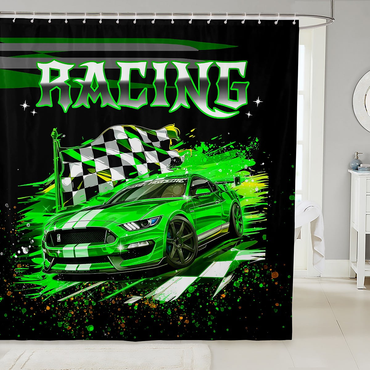 Green Race Car Boys Shower Curtain 72"Wx72"L Racing Car Kids Bathroom ...