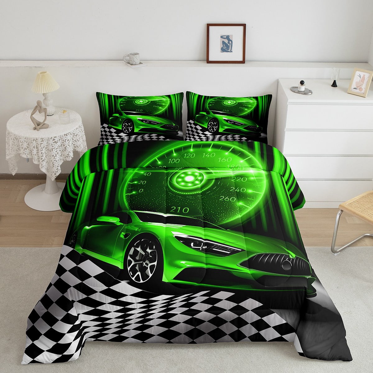 Green Race Car Comforter Set for Children Boys,Glitter Ombre Line Art ...