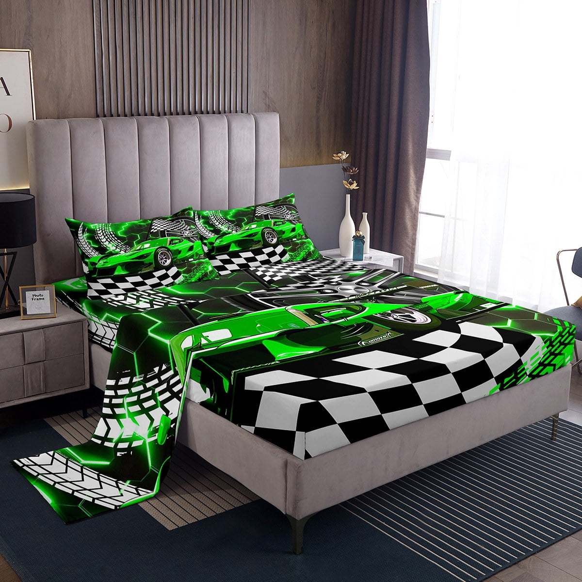 Green Race Car Sheet Set,Glitter Ombre Line Art Bed Sheets Set Neon ...