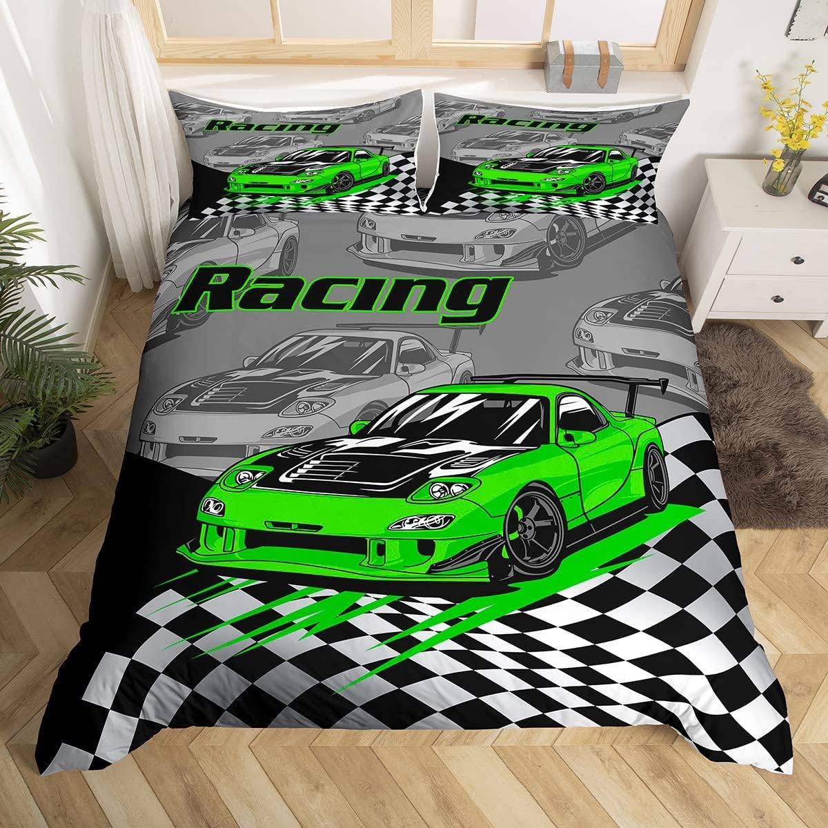 Green Race Cars Kids Duvet Cover Set Full Size,Racing Flag Black White ...