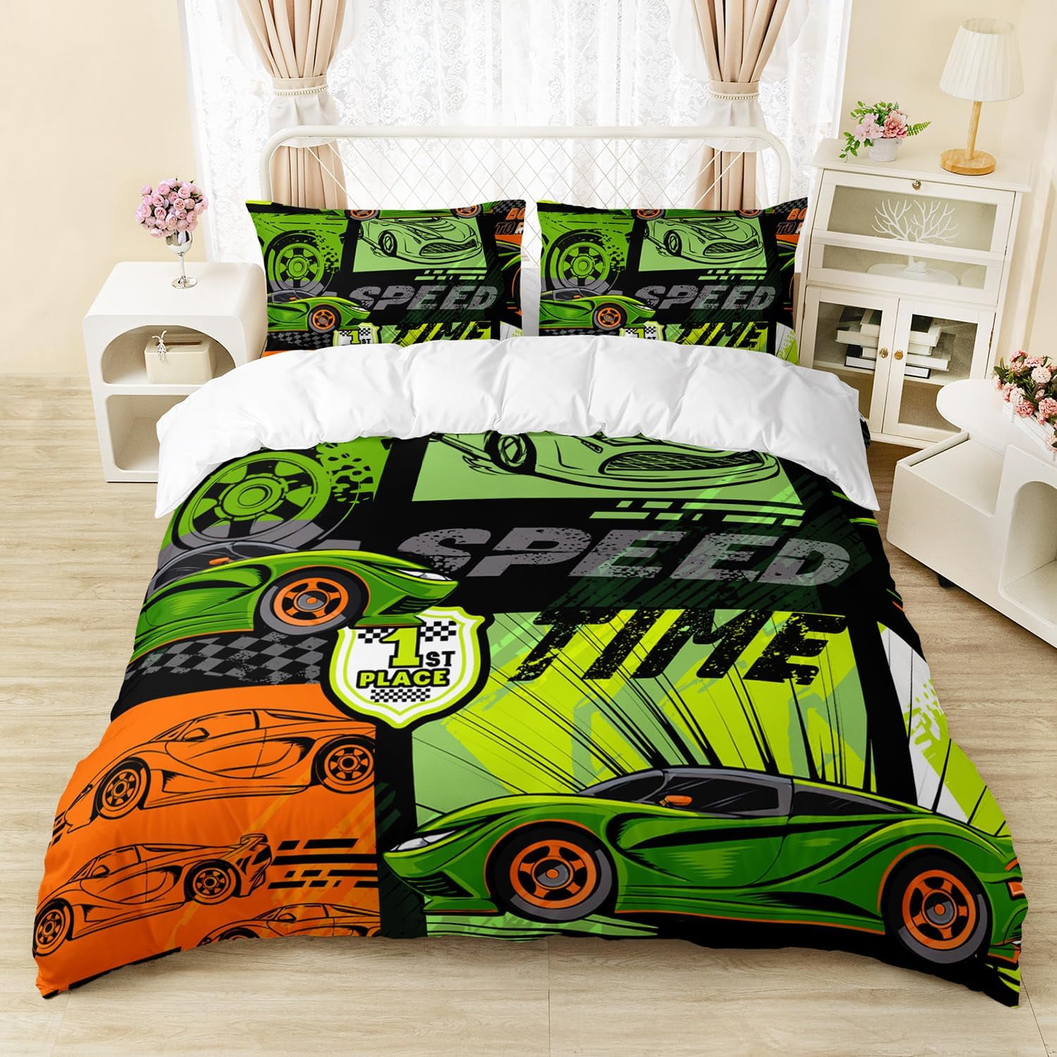 Green Racing Car Duvet Cover Set, Sports Race Racing Car Bedding Set ...