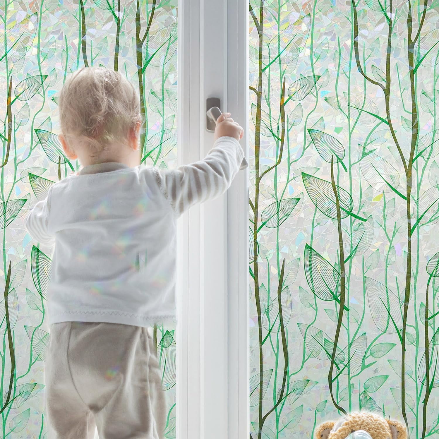 Green Rainbow Leaf Stained Glass Privacy Window Film for Decorative Use ...