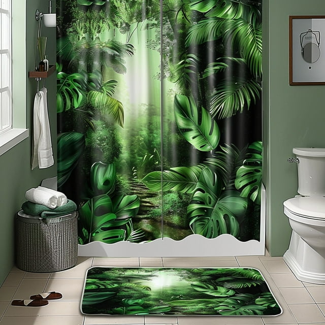 Green Rainforest Shower Curtain Set Nature Style Bathroom Decor with ...