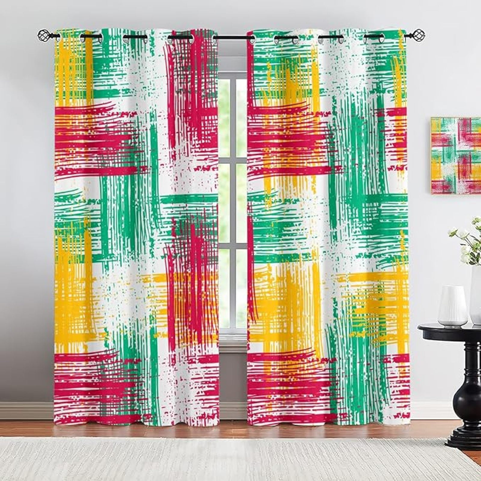 Green And Red Geometric Squares Window Curtain, Watercolor Abstract ...