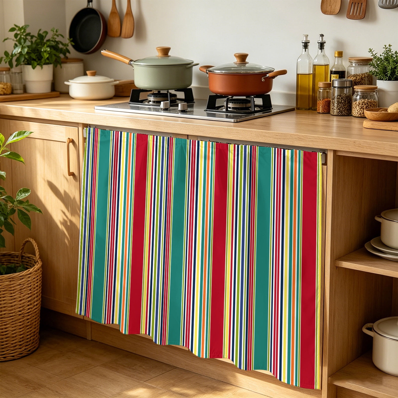 Green Red Striped Cabinet Curtains 35''x35'', Farmhouse Colorful ...