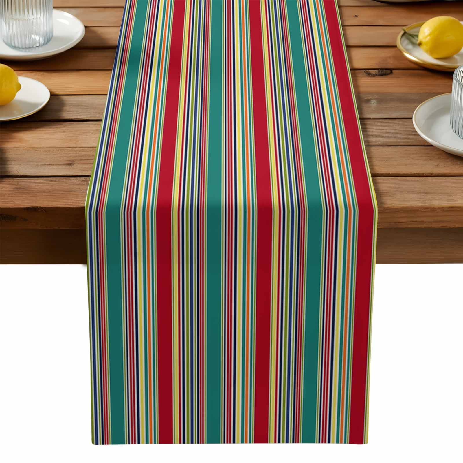 Green Red Striped Cotton Linen Table Runner for Dining Kitchen ...