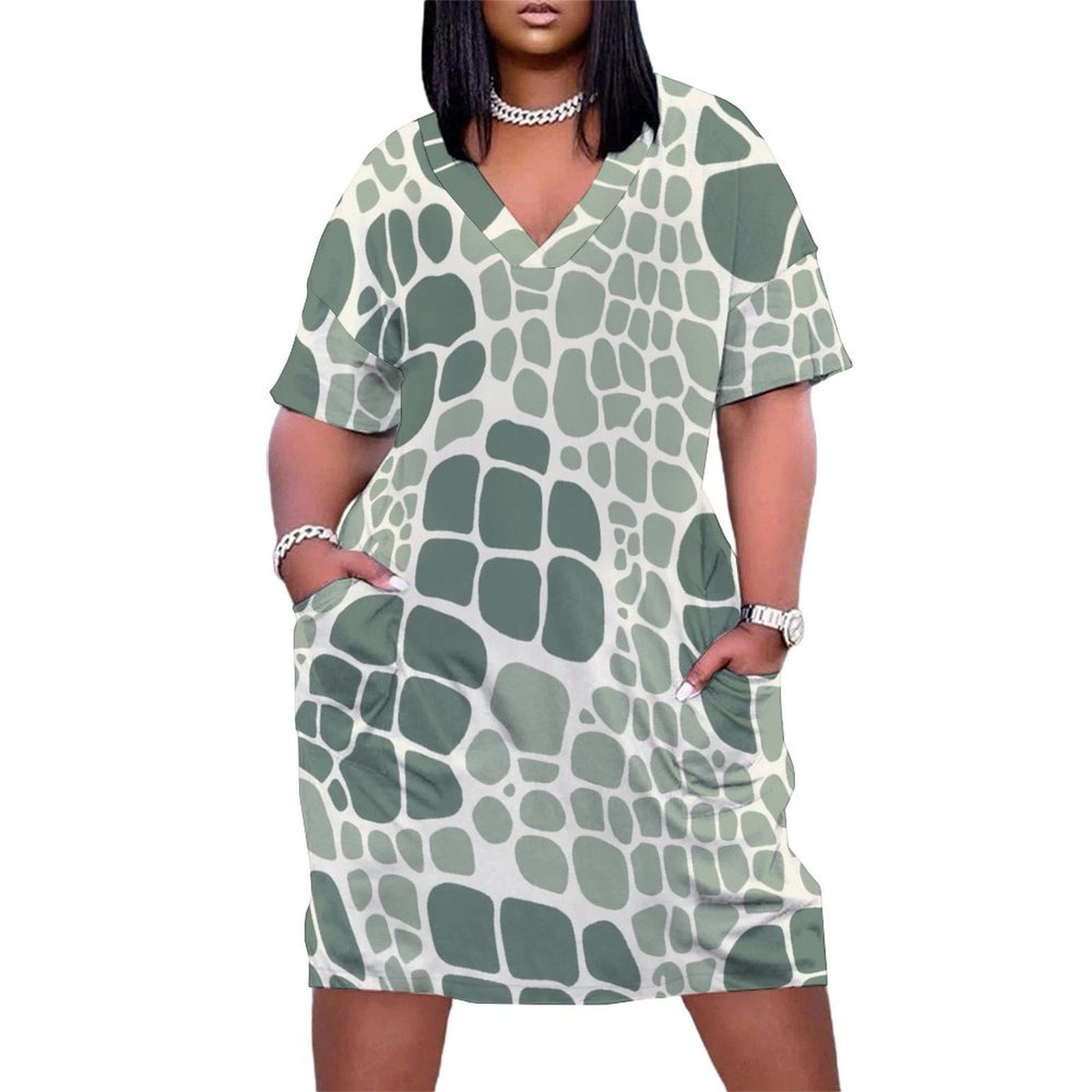 Green Reptile Skin Pattern Dress Loose Pocket Dress Women Clothing 2025 New Arrivals Elegant ...
