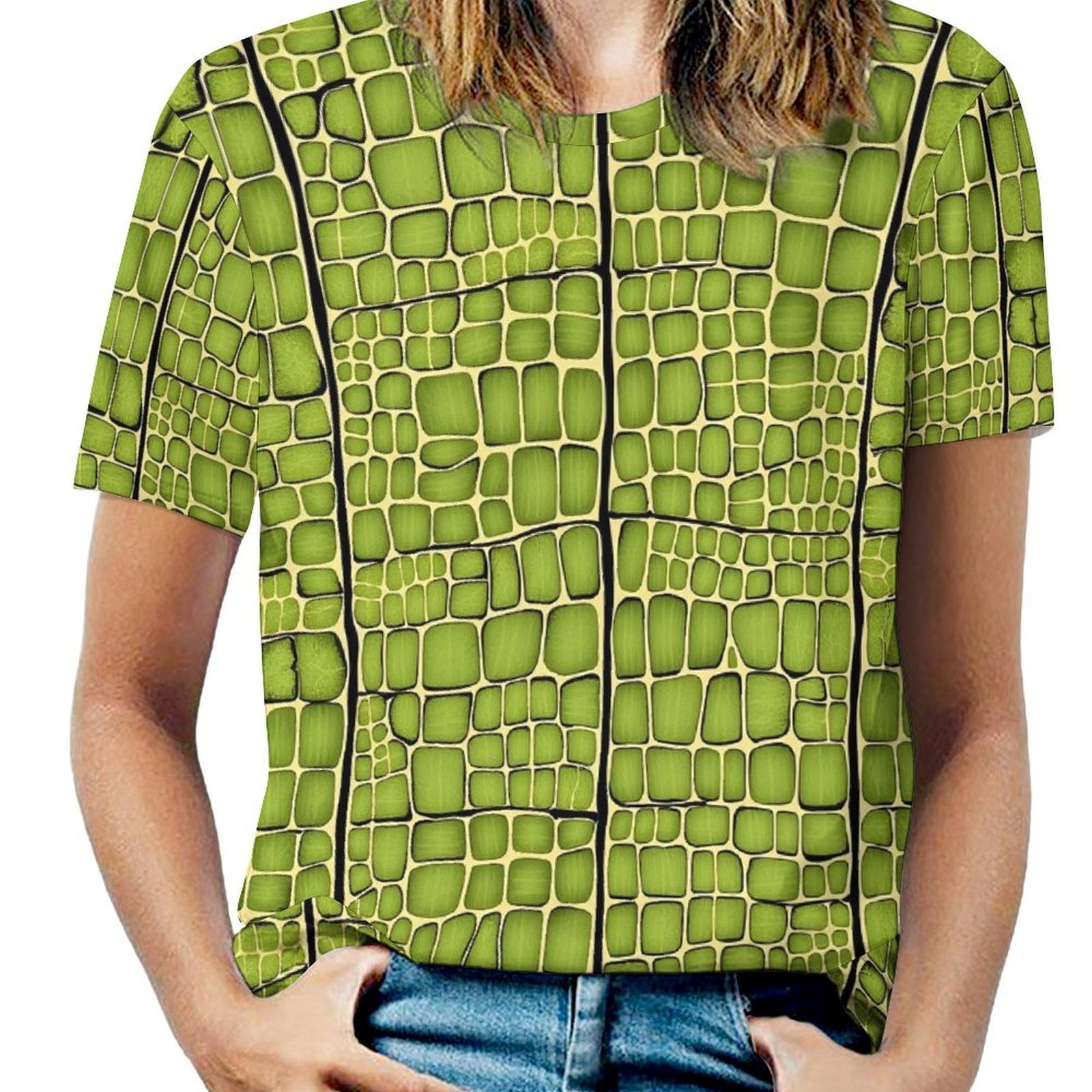 Green Reptile Skin Texture T Shirt Women Short Sleeve Overd Tee Shirt