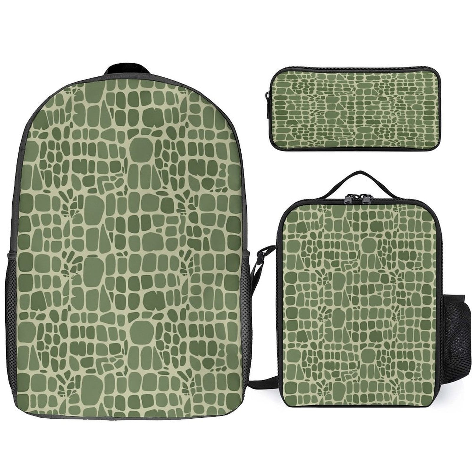 Green Reptile Texture 3pcs/Set Bags Laptop Daypack Backpack Lunch Bag ...
