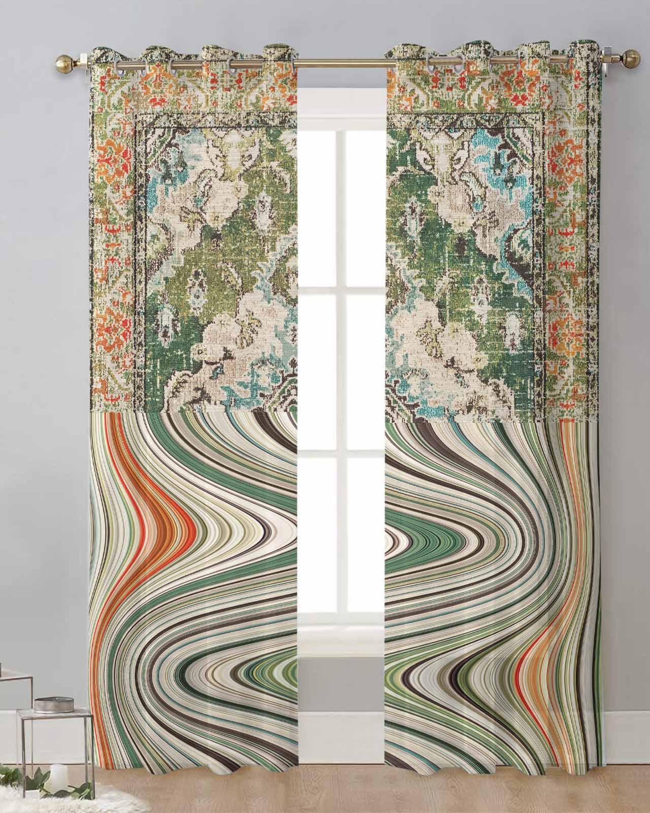 Green Retro Carpet Curved Twisted Stripes Bohemia Modern Tulle Curtains ...