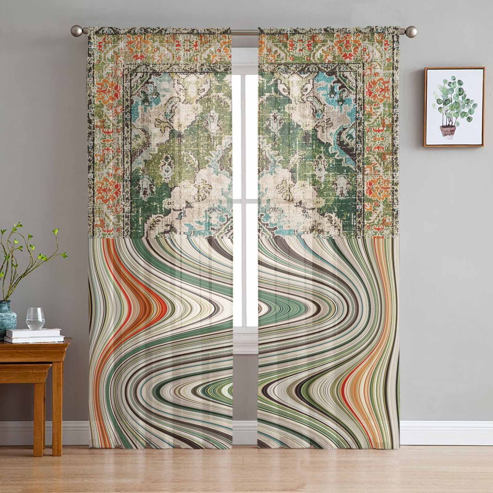 Green Retro Carpet Curved Twisted Stripes Bohemia Sheer Curtain Living ...