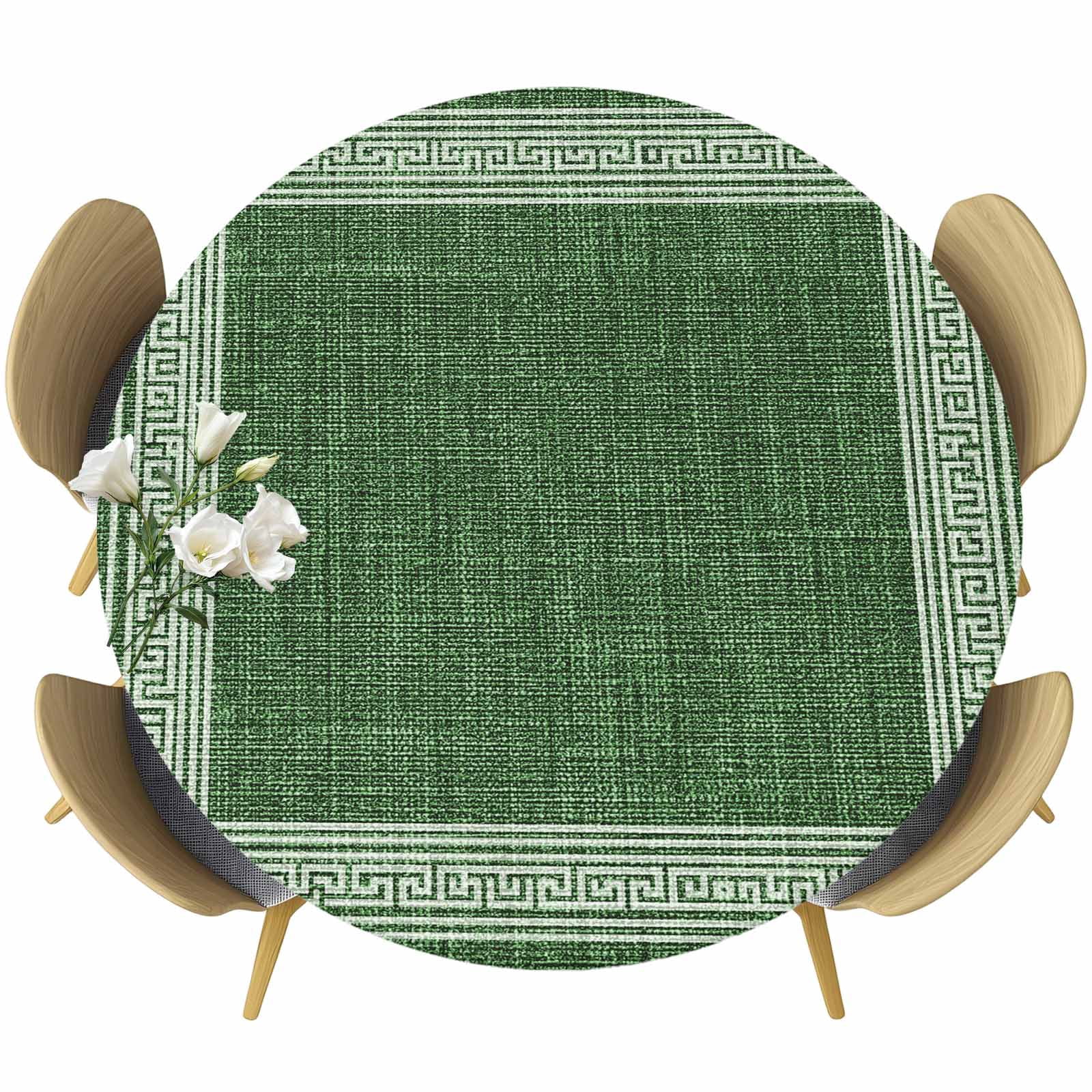 Green Retro Greek Key Round Tablecloth, Fitted Table Cover with Elastic ...
