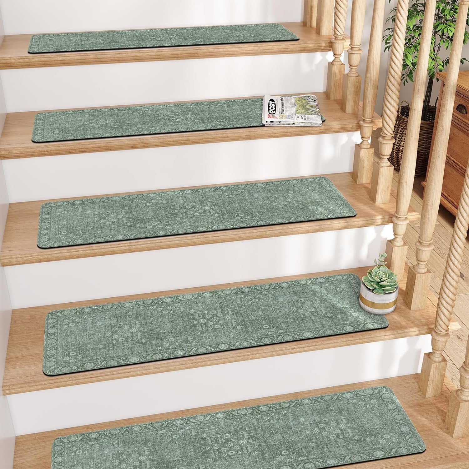Green Retro Pattern Stair Treads Non Slip 15PCS 8"x30" Carpet Stair ...