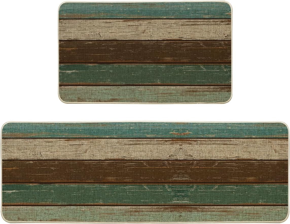 Green Retro Rustic Wood Texture Kitchen Mats Set of 2, Home Spring ...