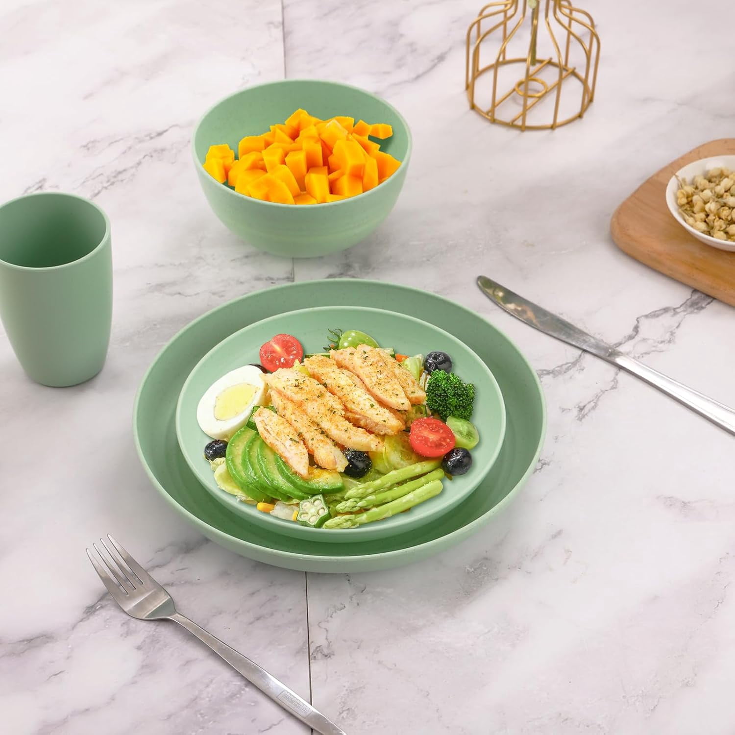 Green Reusable Microwave Safe Lightweight Plastic Dinnerware Set for ...
