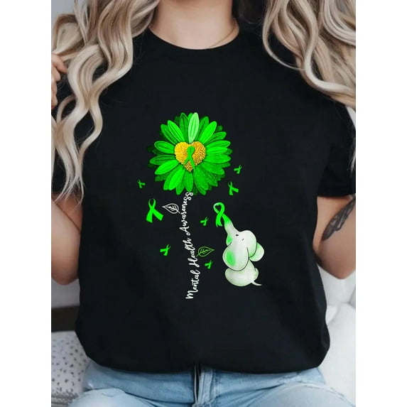 Green Ribbon Elephant Daisy Mental Health Awareness Women Short Sleeve ...