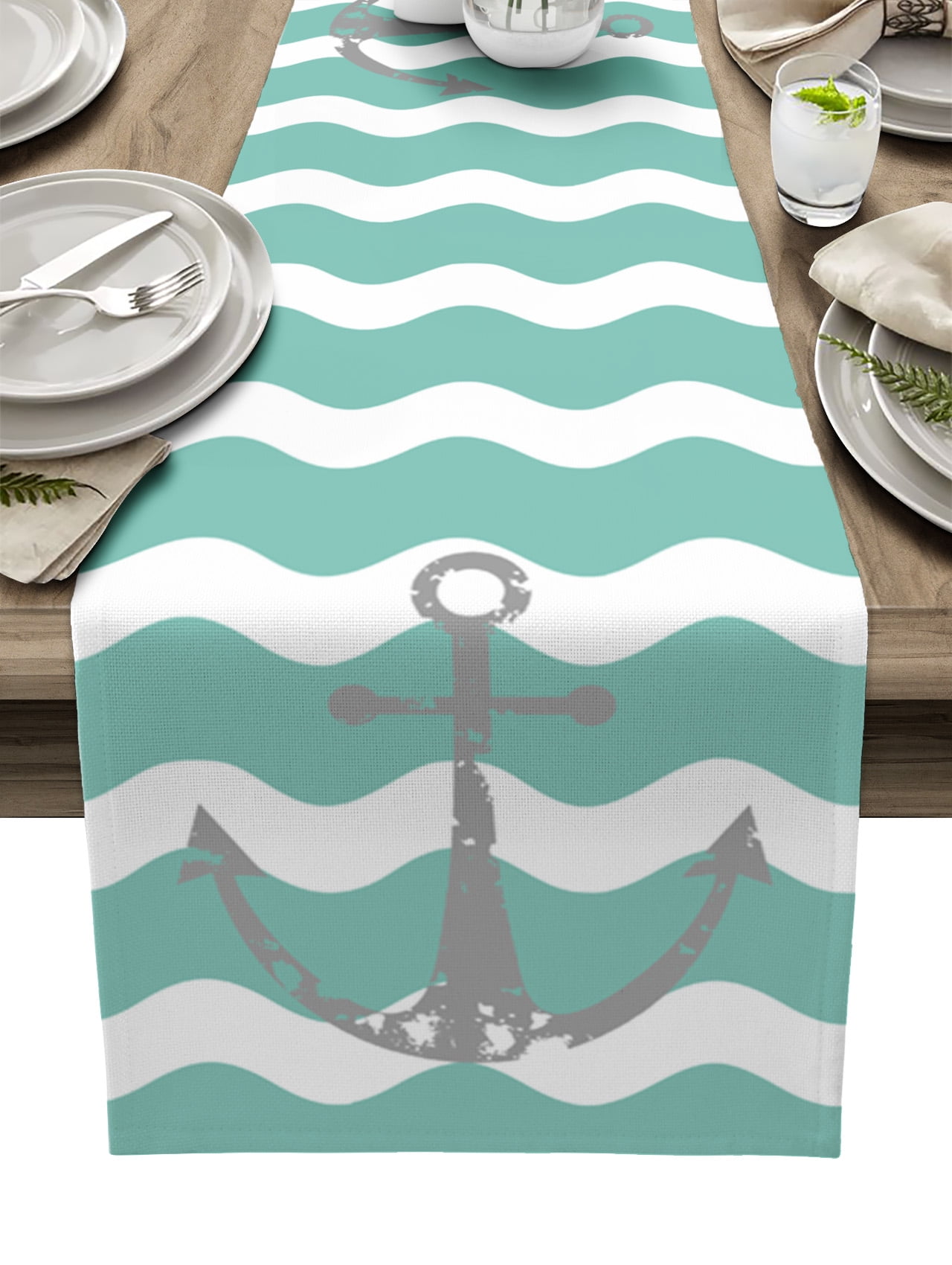 Green Ripple Table Runner 72 Inches, Gray Anchor Green White Waves ...