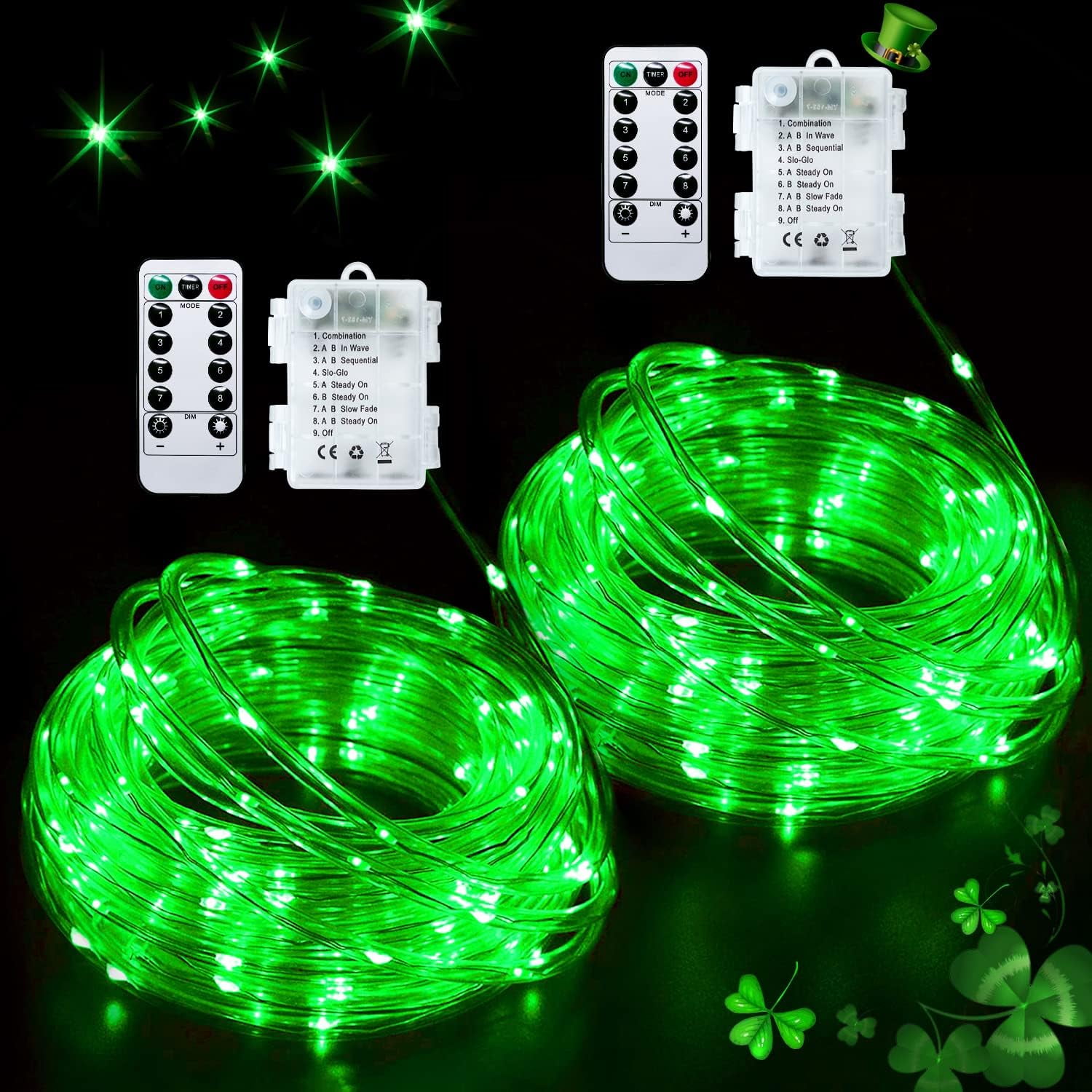 Green Rope Lights Battery Operated String Lights - 2 Pack Total 200LED ...