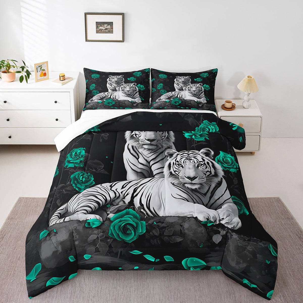 Green Rose Down Comforter Woman Wildlife Tiger Bedding Set,Gary Stripe ...
