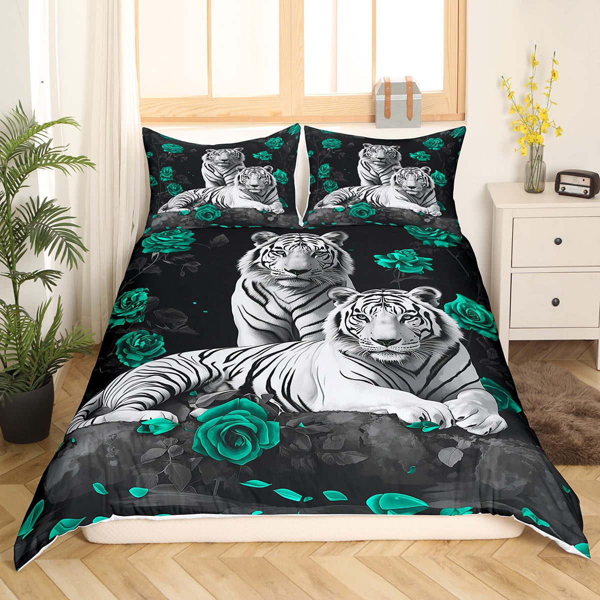 Green Rose Duvet Cover Woman Wildlife Tiger Bedding Set,Gary Stripe ...