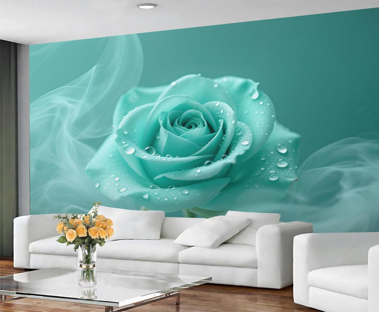 Green Rose Wall Mural - Nordic Light Luxury Wallpaper For Living Room ...