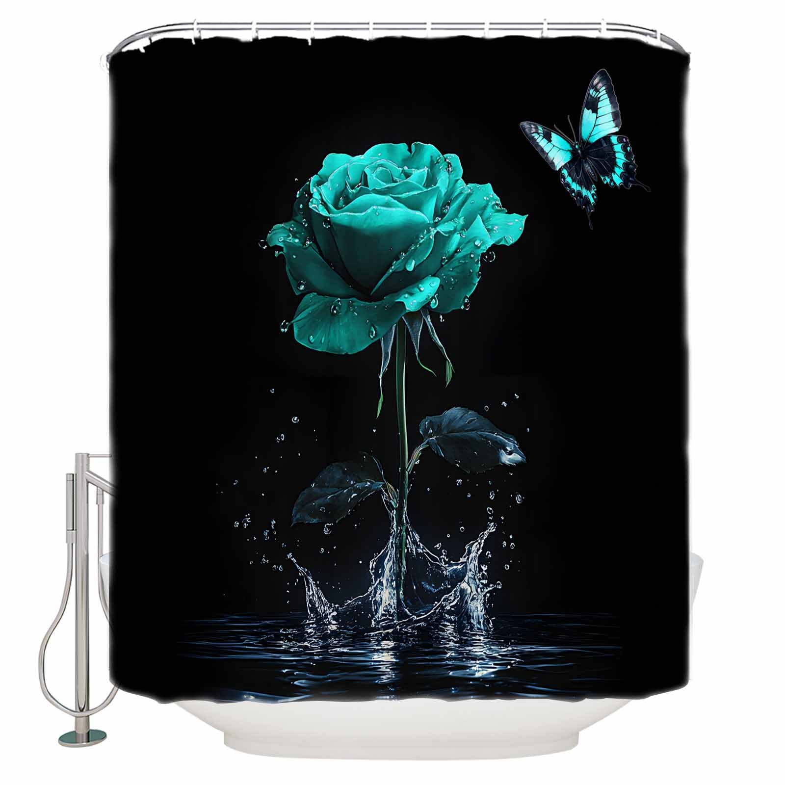 Green Roses Bathroom Shower Curtains with 12 Hooks Polyester Waterproof ...