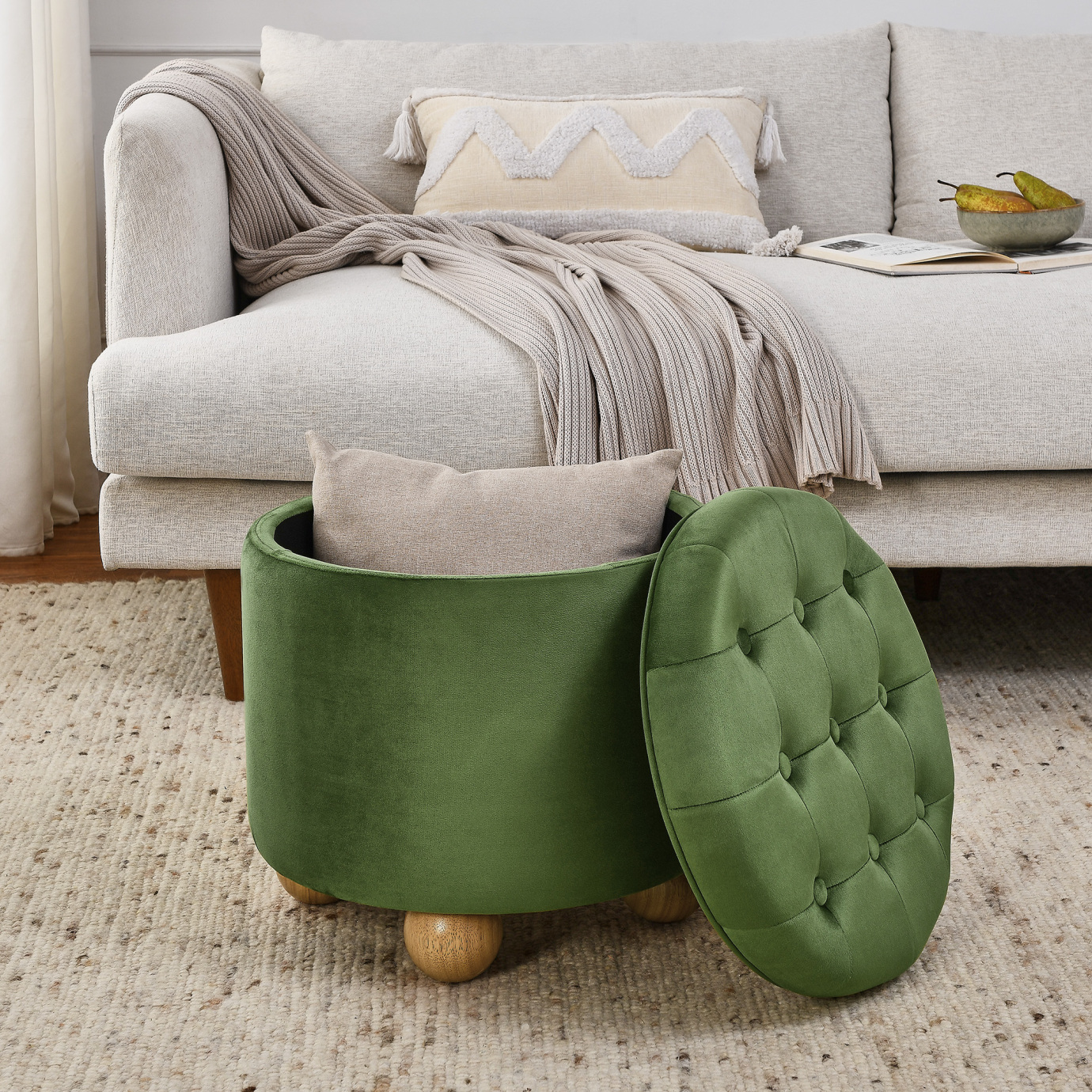 Green Round Storage Ottoman with Lid, Linen Fabric Button Tufted ...