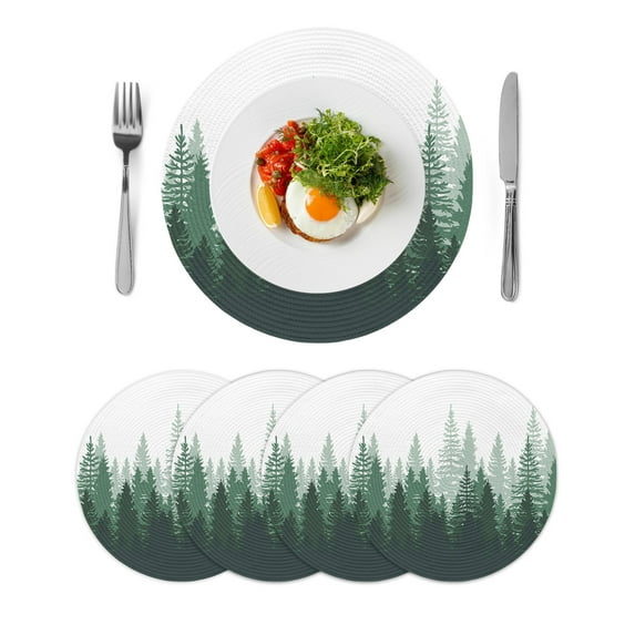 Green Rustic Forest Round Table Placemats set of 4, Misty Pine Trees ...