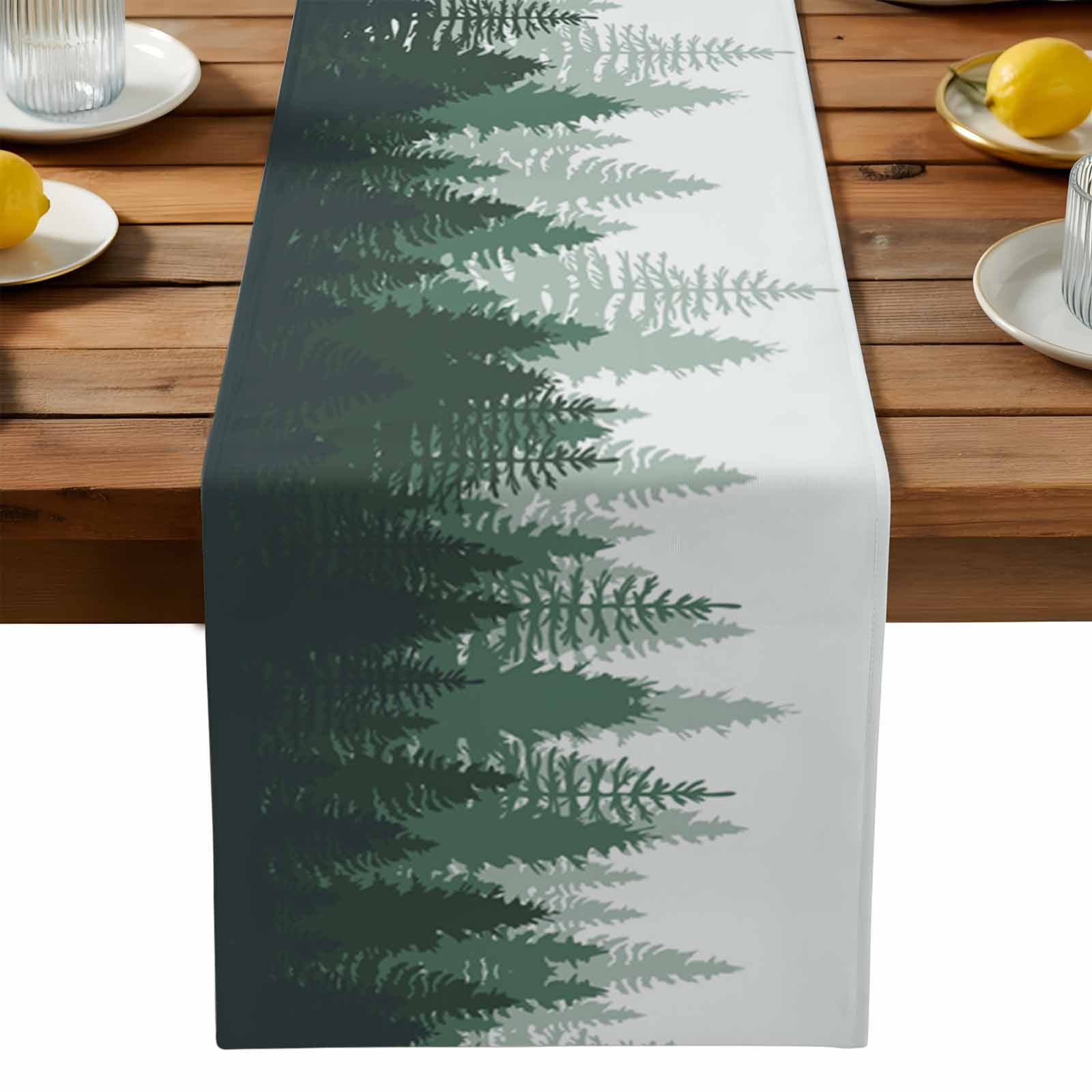 Green Rustic Forest Table Runner, Misty Pine Trees Silhouette Cotton ...