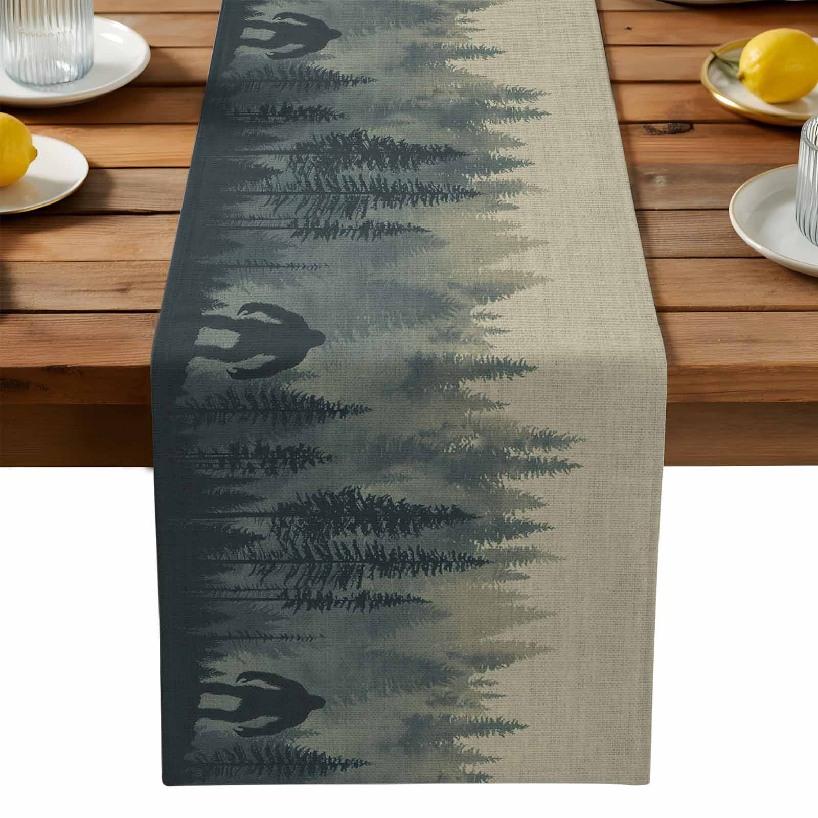 Green Rustic Misty Forests Table Runner, Gorillas Silhouette Cotton ...