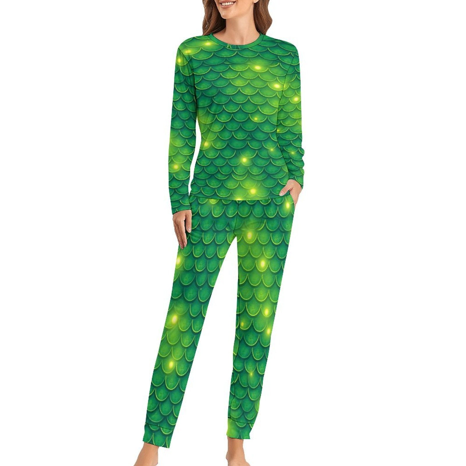 Green Scales Glowing Texture Pajamas Woman Two Piece Design Long ...