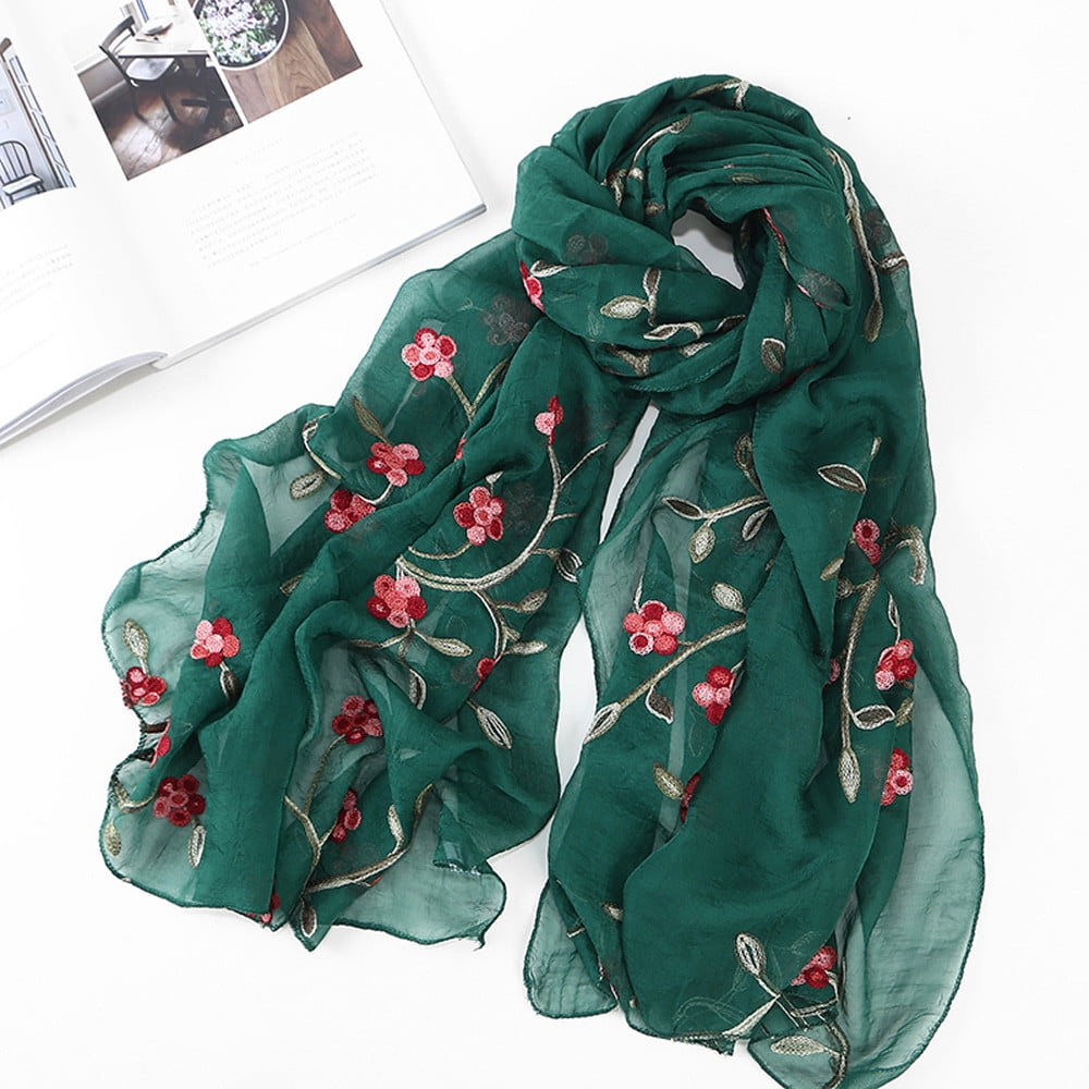 Green Scarf Women Embroidery Chiffon Scarf Hijab Wrap Shawls Headband ...