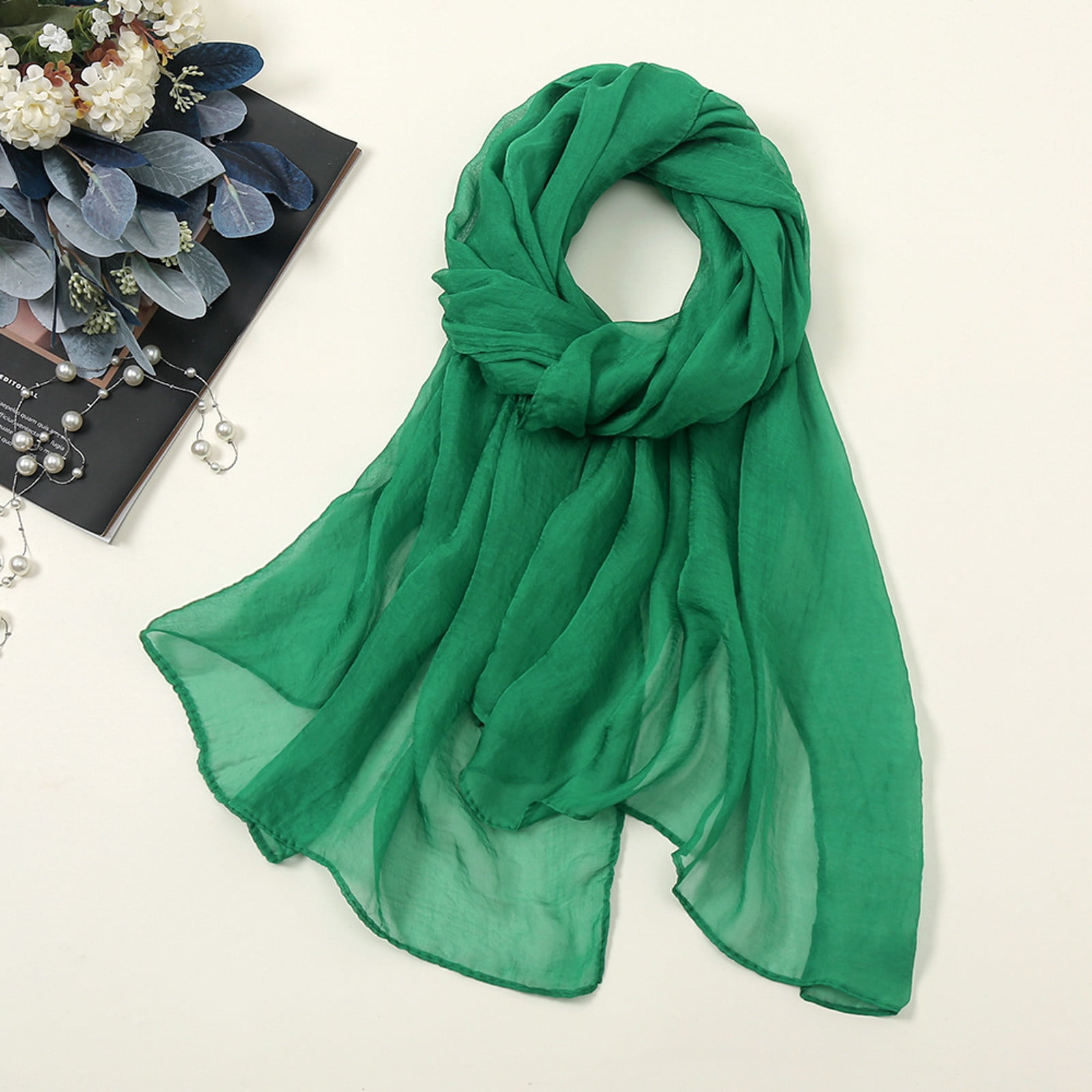Green Scarf Women Summer Casual Colorful Multicolor Solid Color Chiffon ...