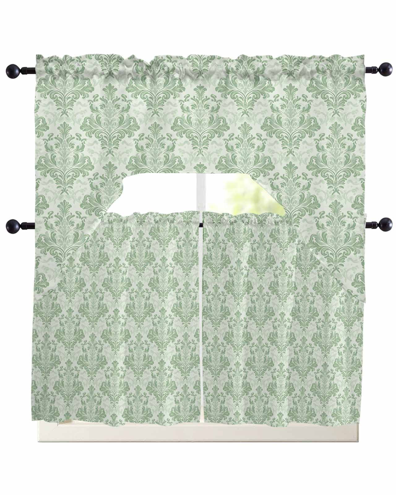 Green Scroll Floral Kitchen Curtains Swag Valance and Tier Curtains Set ...