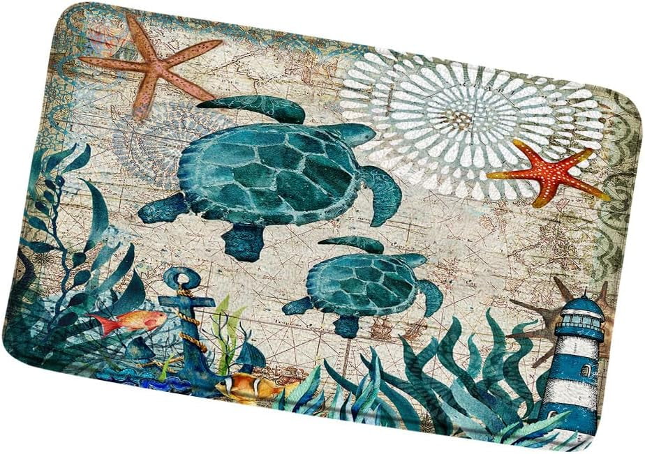 Green Sea Turtle Bath Mats Blue Marine Life Bathroom Rugs Vintage ...