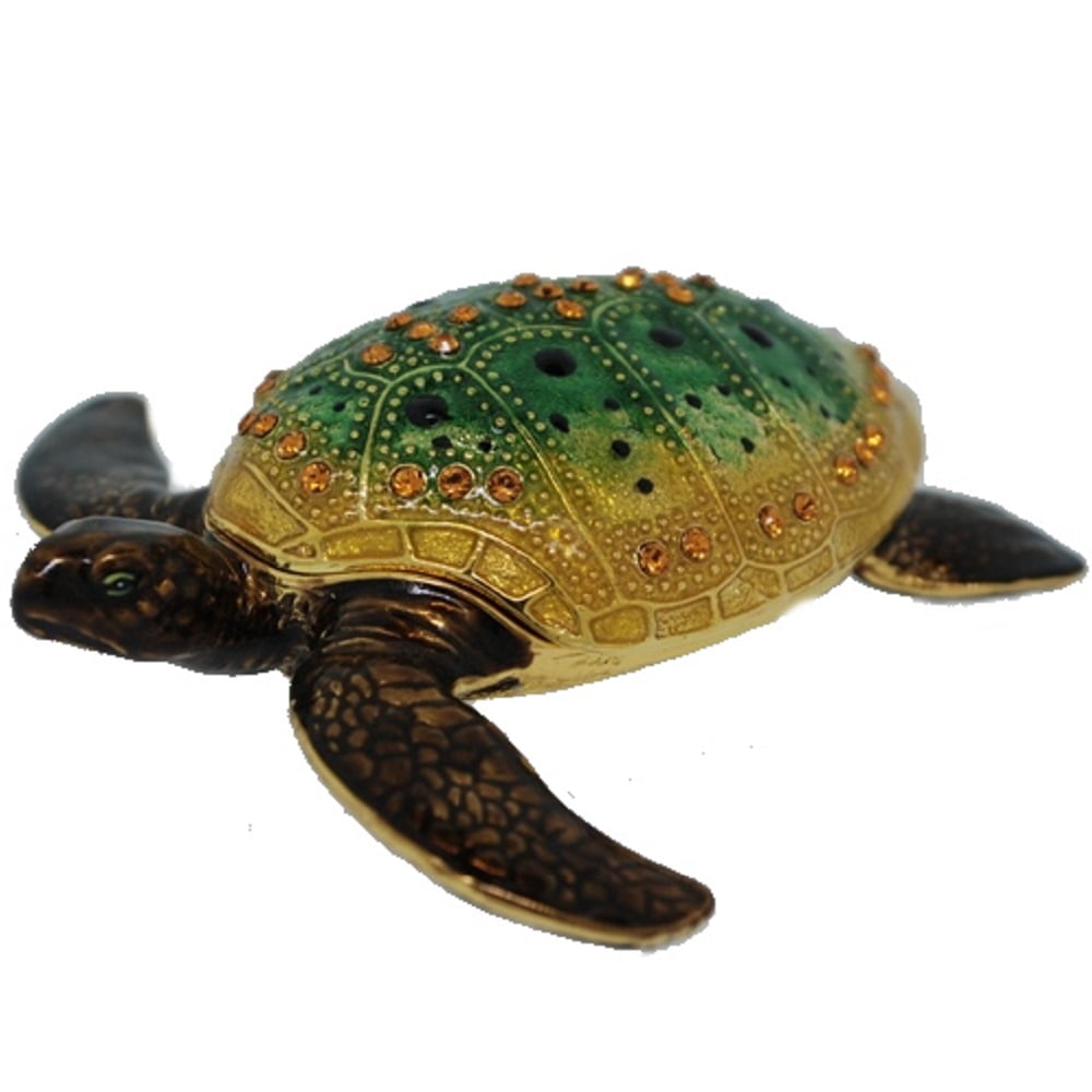 Green Sea Turtle Bejeweled Enamel Jewelry Trinket Keepsake Box ...