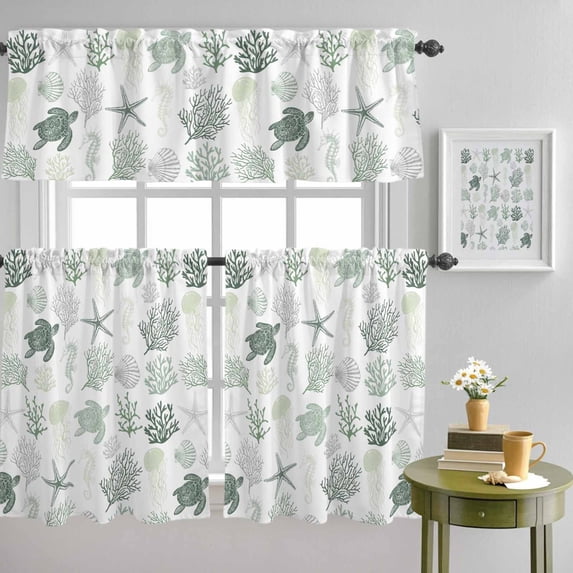 Green Sea Turtle Coral Summer Ocean Curtain Tier and Valance Set 3 ...
