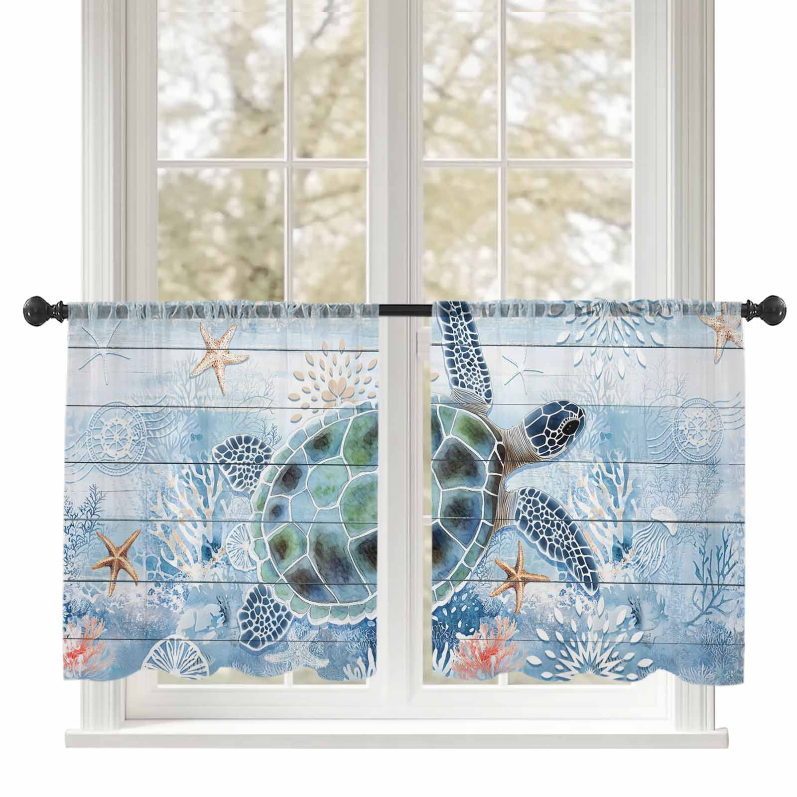 Green Sea Turtle Sheer Curtains 2 Panels Set, Ocean Coral Starfish ...