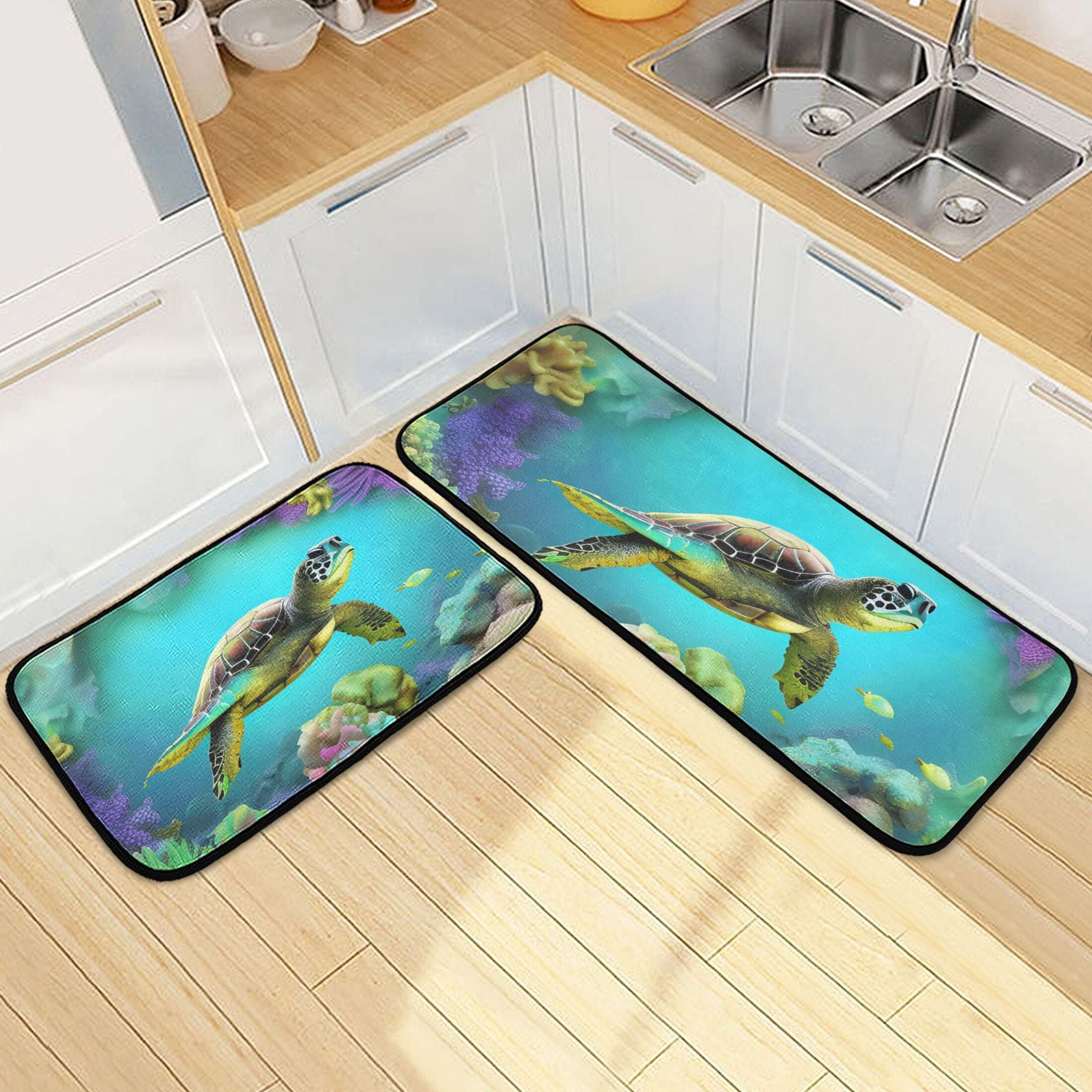 Green Sea Turtle in Ocean Kitchen Rugs Set of 2 Non Slip Floor Foam Mat ...