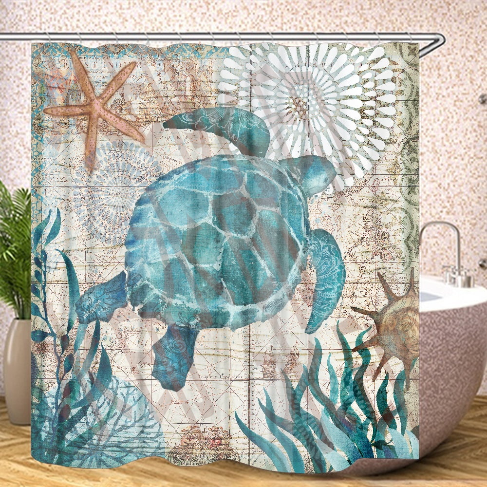 Green Sea Turtles Beach Theme Fabric Shower Curtain Sets Bathroom Blue