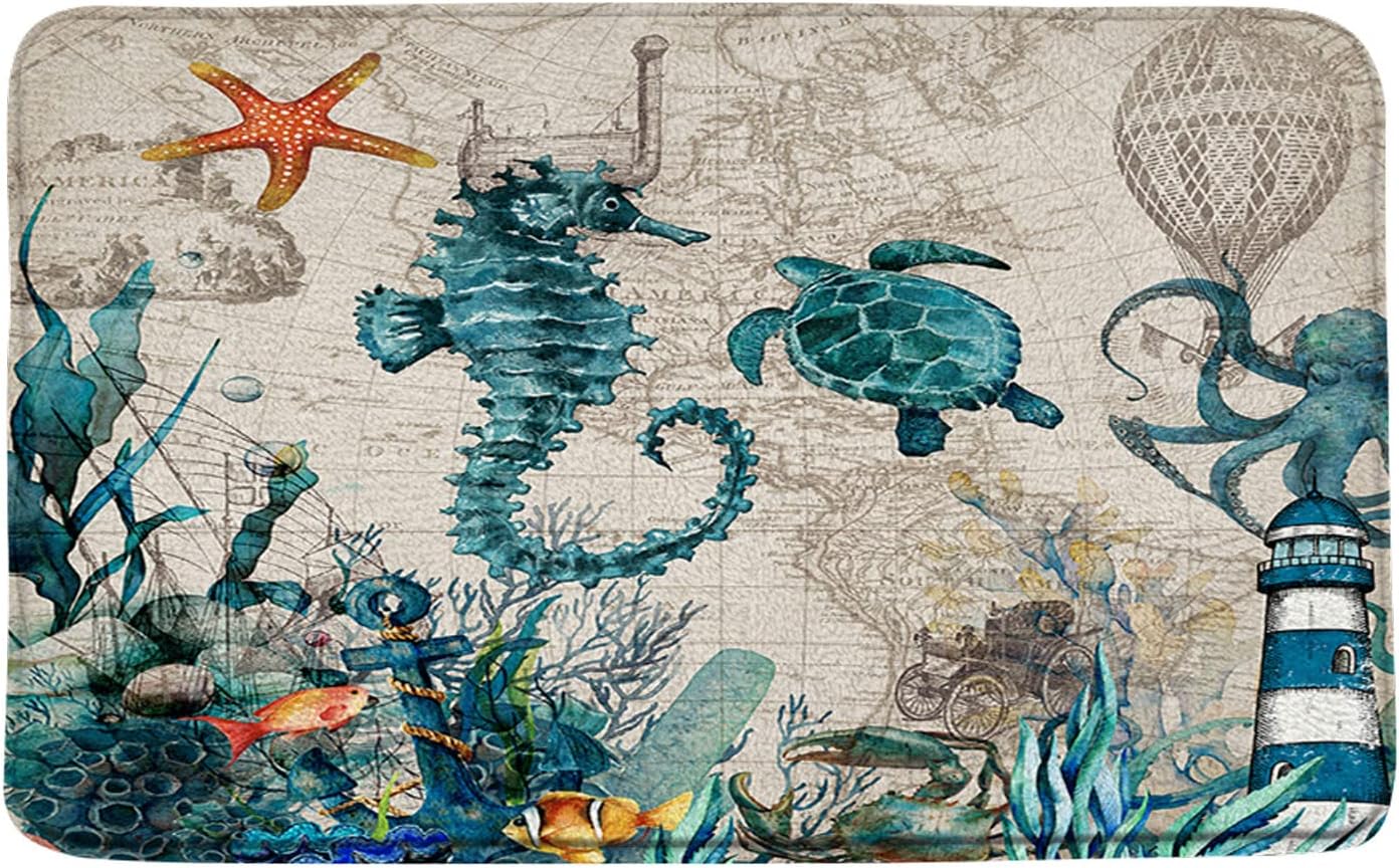 Green Seahorse Sea Turtle Bath Mat Funny Marine Life Ocean Animals ...