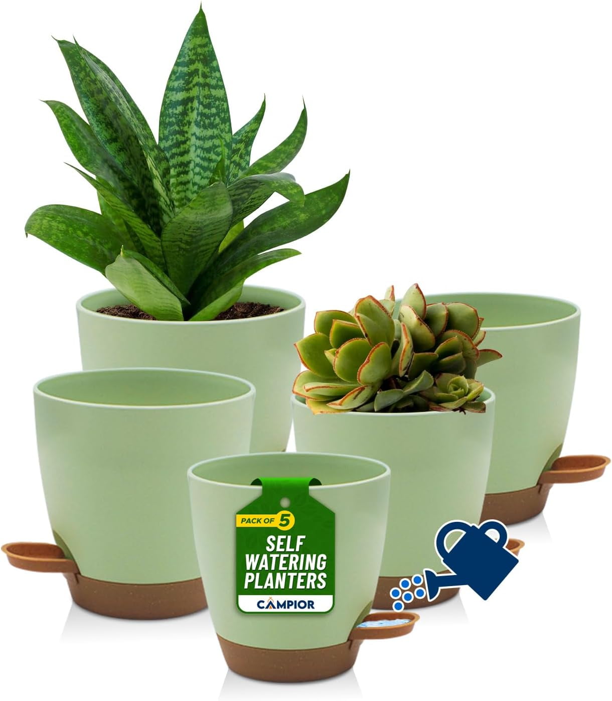 Green Self Watering Pots 5 Pack, Indoor and Outdoor Plant Pots with ...