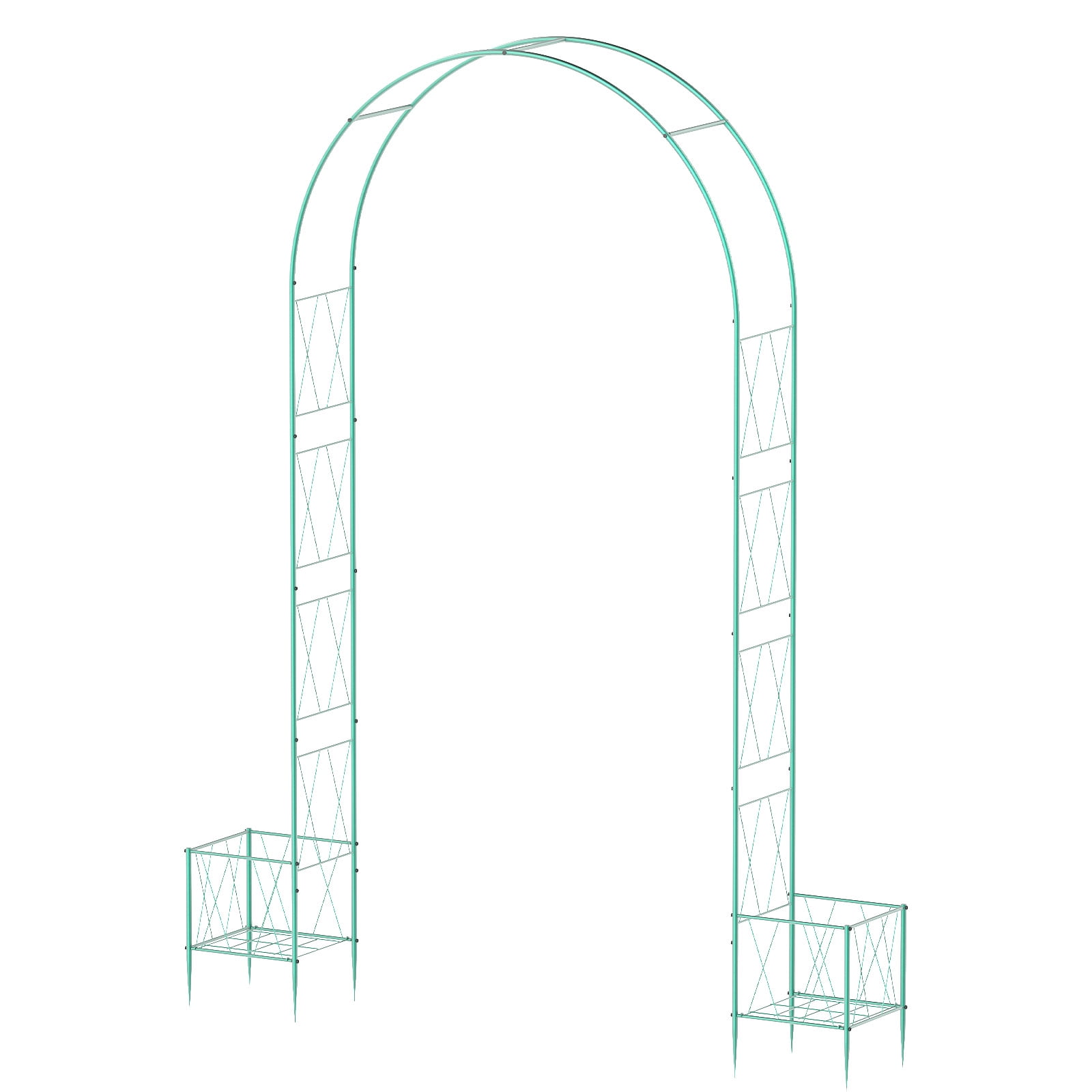 Green Semi-Circular Garden Arch Trellis with Planter Boxes Metal Plant ...