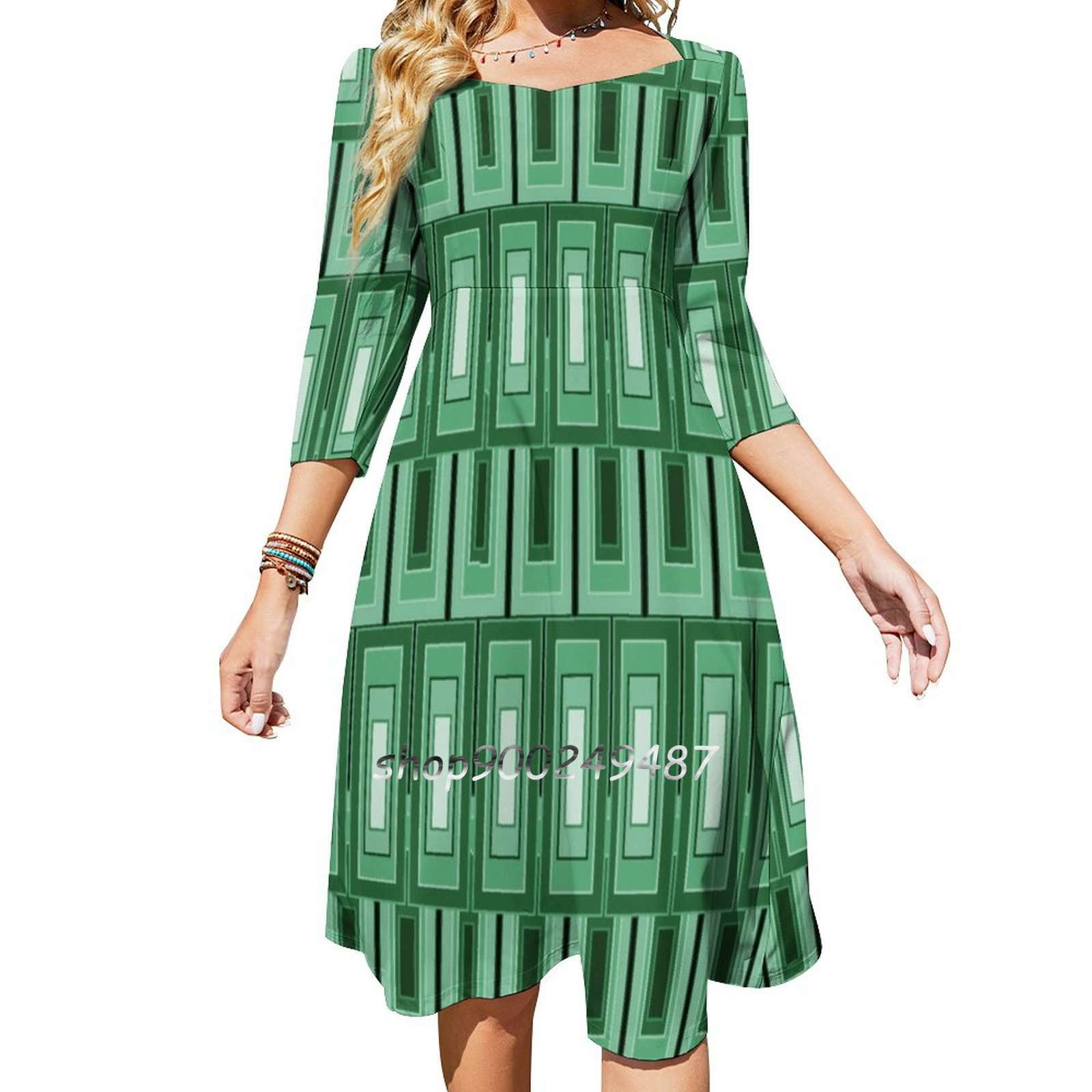 Green Sequence Look Geometric Glitterpattern Flare Dress Square Neck ...