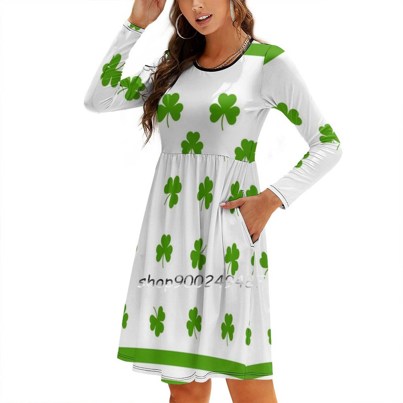 Green Shamrock And Stripe Flare Dress Square Neck Dress Elegant Female ...