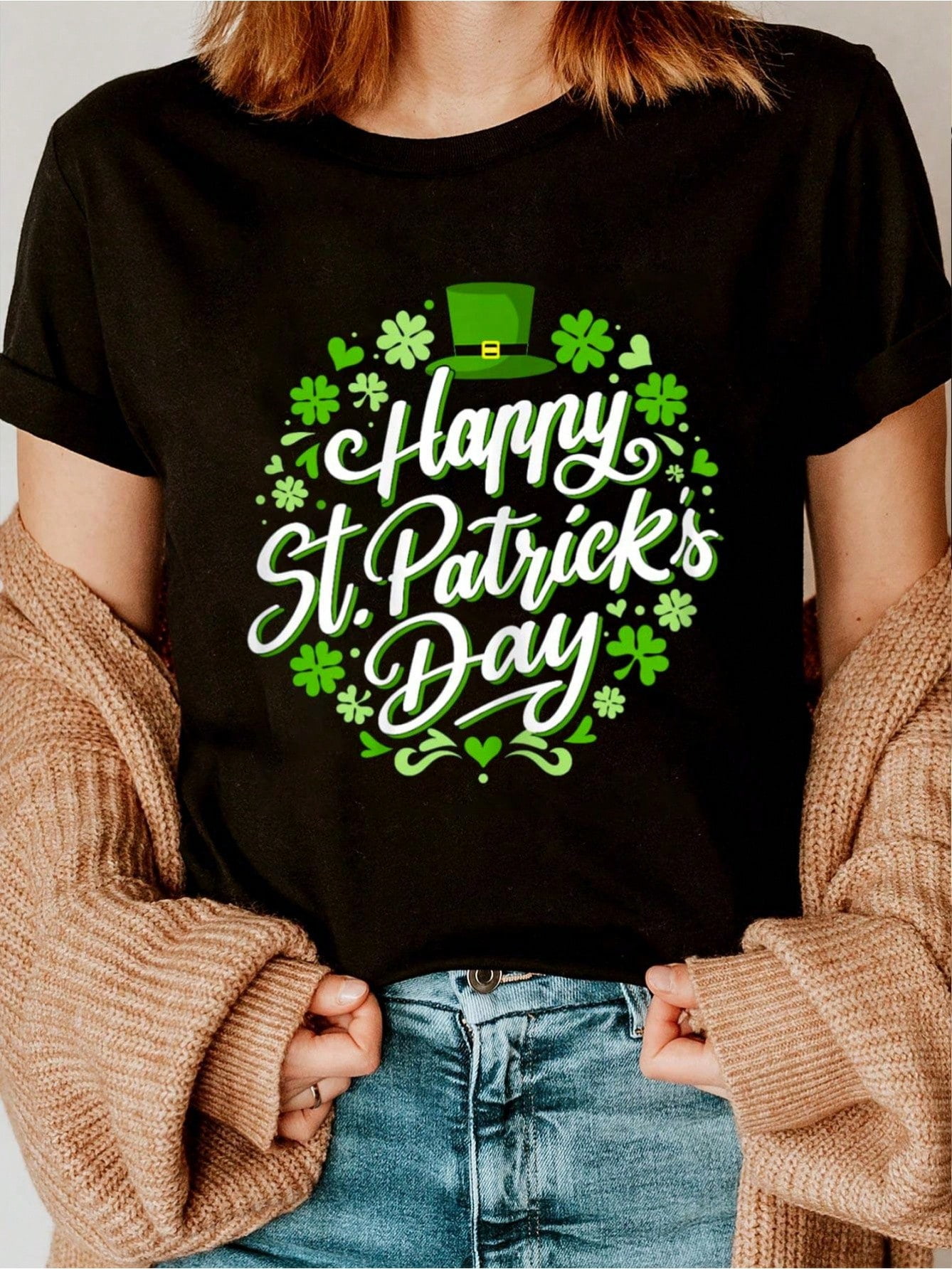 Green Shamrock Leprechaun Hat Graphic Women Short Sleeve Casual Tee ...