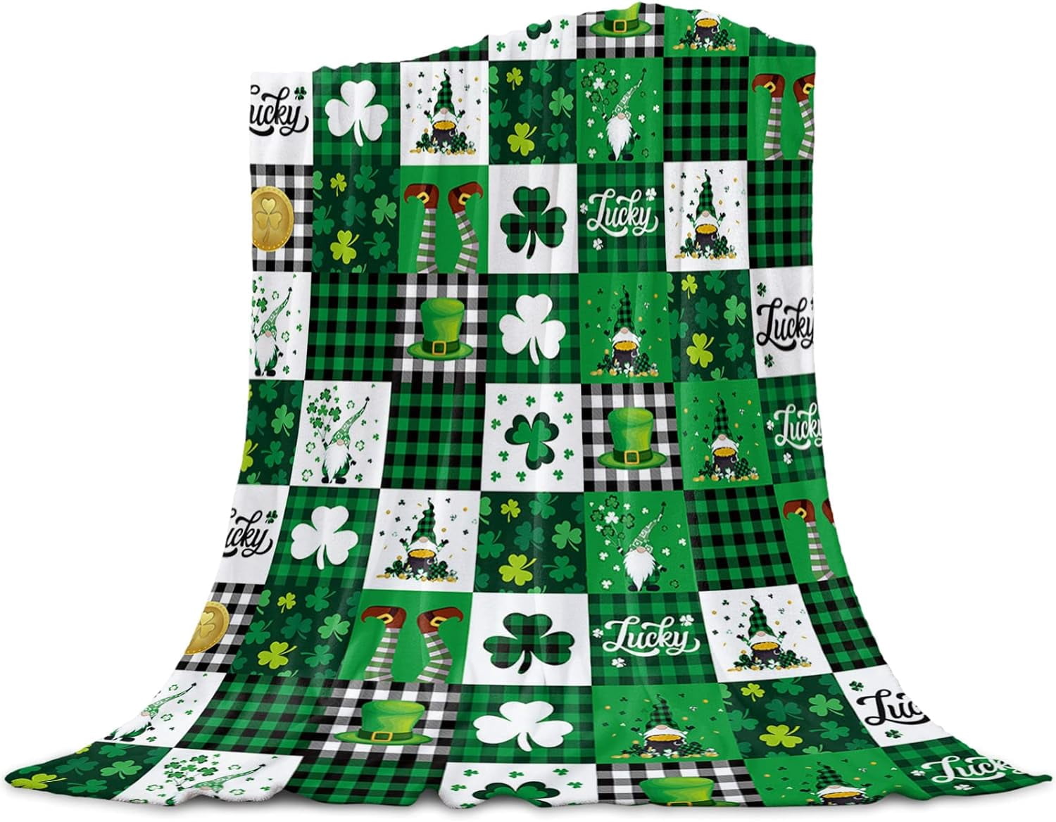 Green Shamrock Throw Blanket Check Plaid St Patrick Blanket Flannel ...
